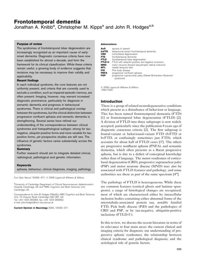 Frontotemporal Dementia Overview | PDF | Dementia | Aphasia