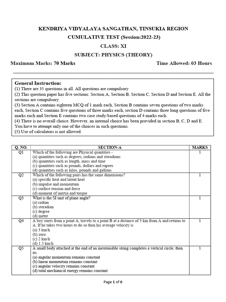 Class-XI-Physics-QP-KV PASIGHAT | PDF | Torque | Force