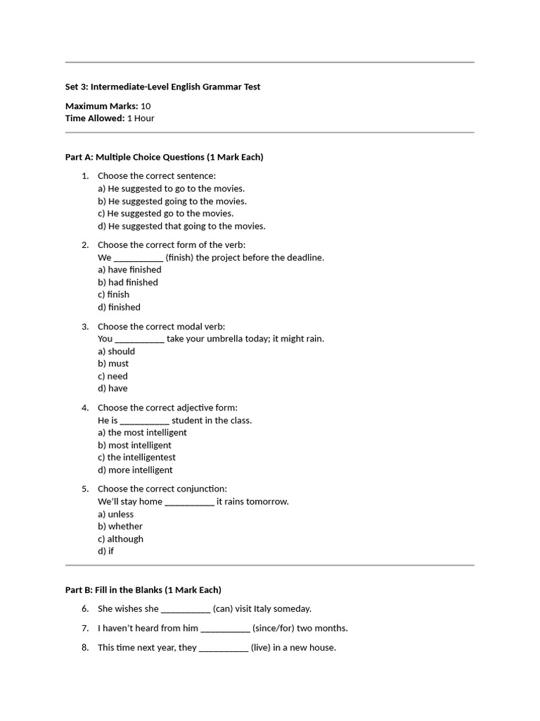 A2 Level English Grammar Test PDF | PDF | Verb | English Grammar