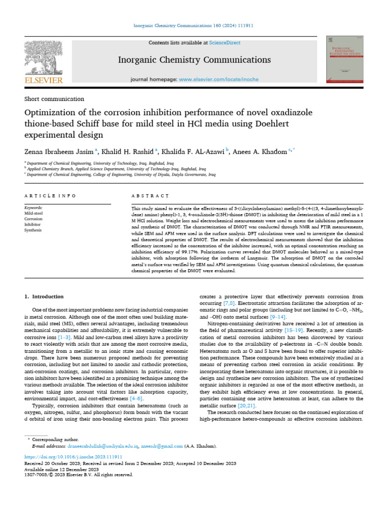 Optimization of The Corrosion Inhibition Performance | PDF | Adsorption | Corrosion