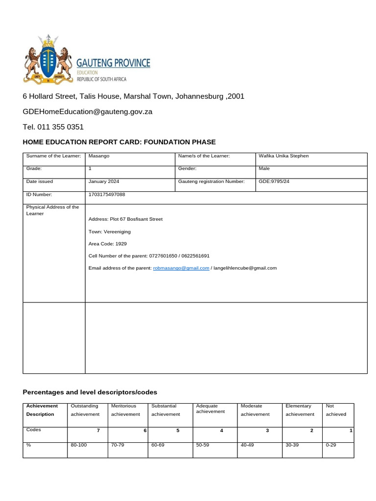 Home Education Report Card: Grade 1 | PDF