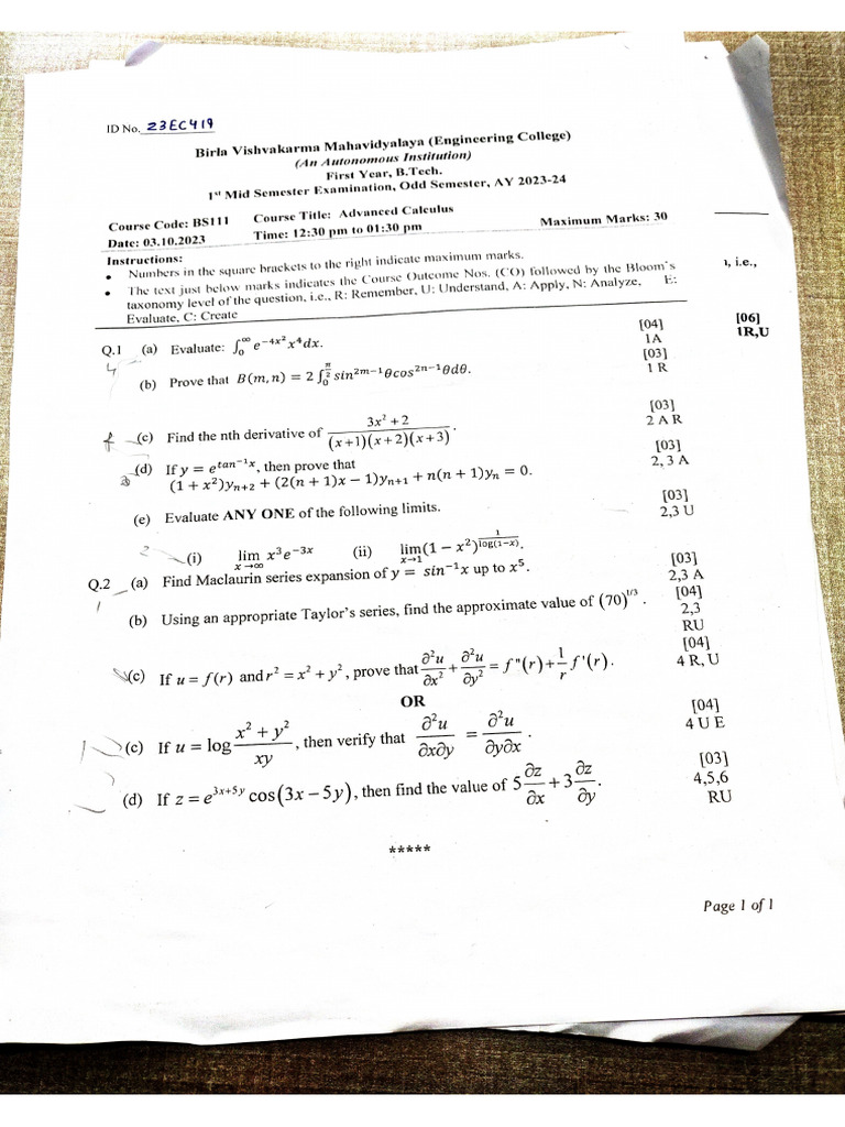 First Year Sem 1 All Papers | PDF