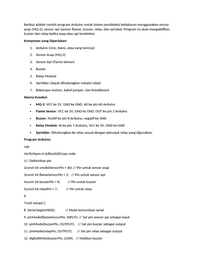 Berikut Adalah Contoh Program Arduino Untuk Sistem Pendeteksi Kebakaran ...