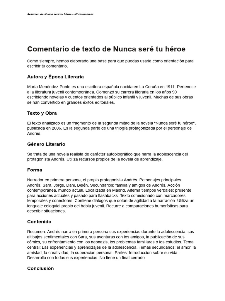 Comentario de Texto Nunca Sere Tu Heroe Miresumen - Es | PDF
