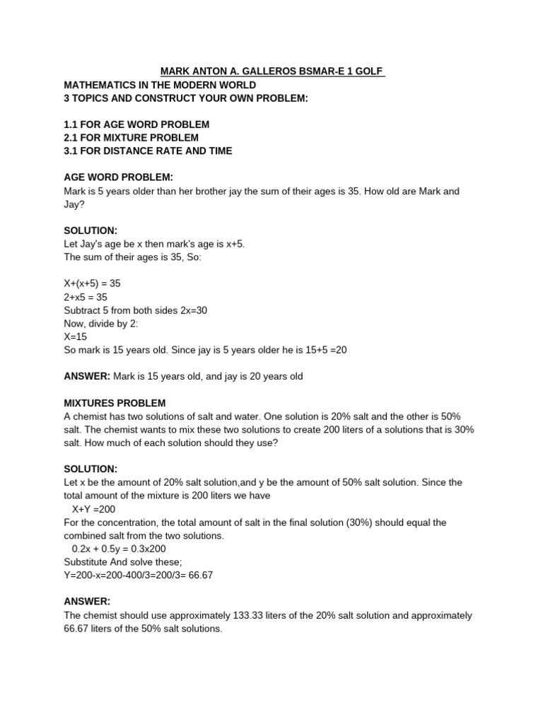 Solving Age Word Problem, Mixtures Problem, Distance Rate and Time | PDF