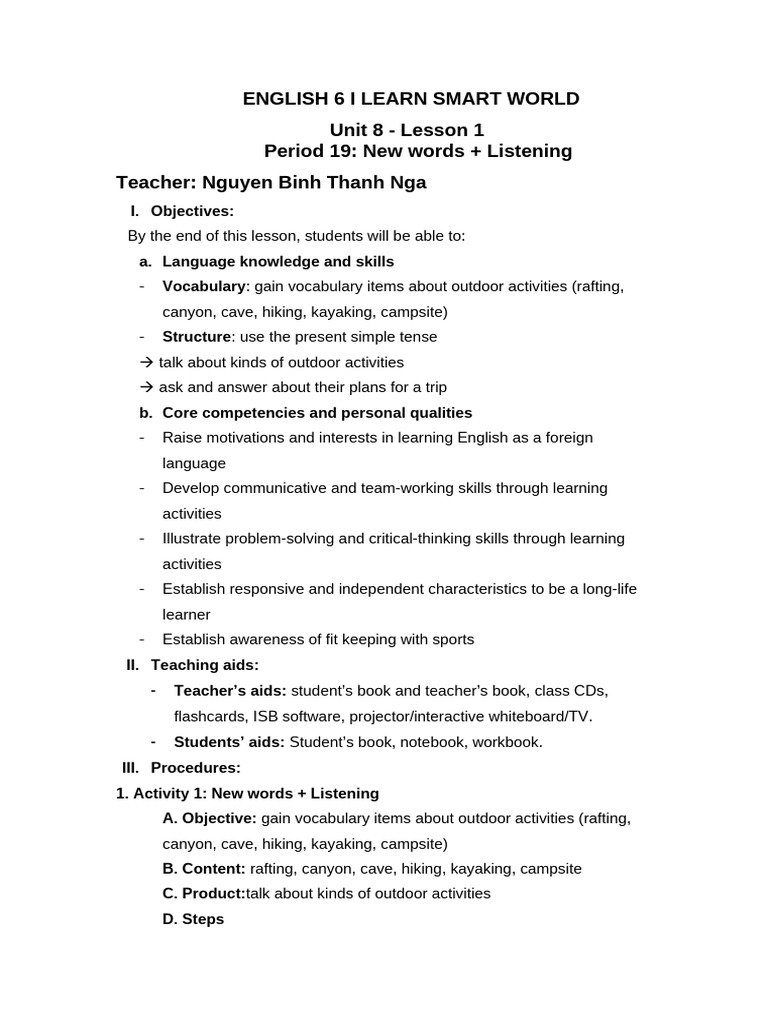 Nguyen Binh Thanh Nga English 6 Unit 8 Lesson 1 | PDF | Outdoor ...