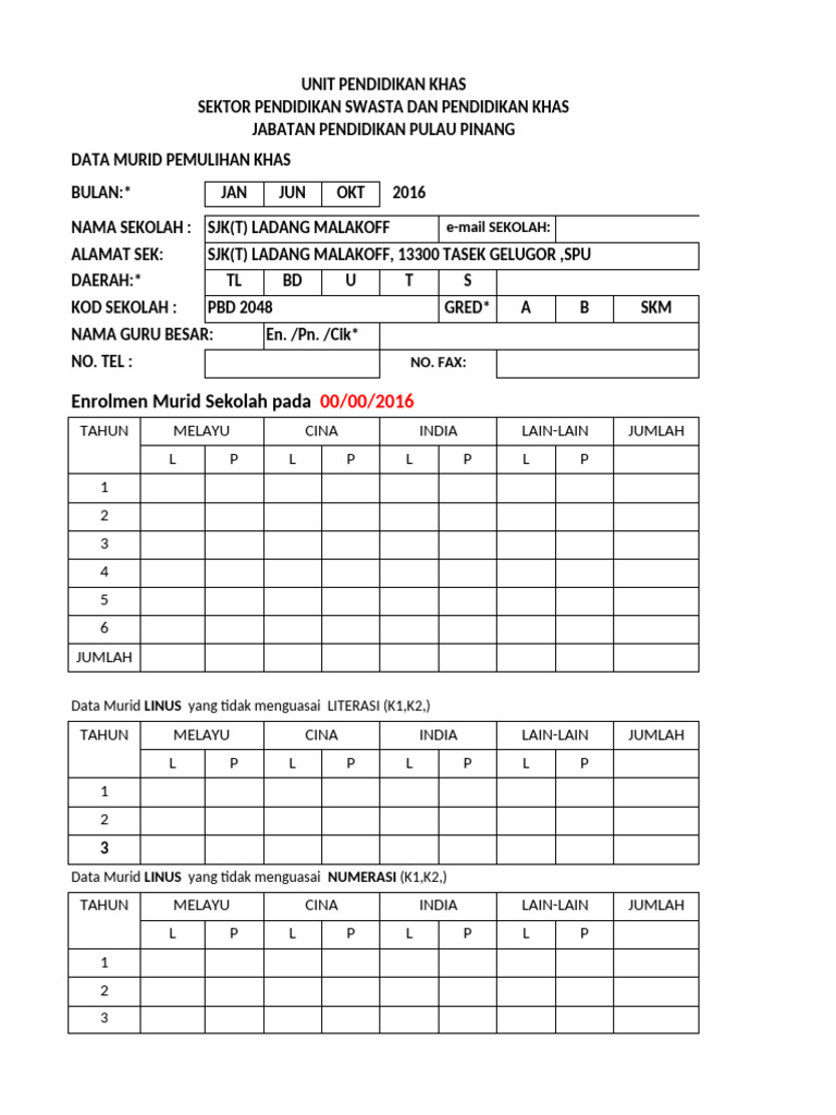 Borang Data Pemulihan 2016 | PDF