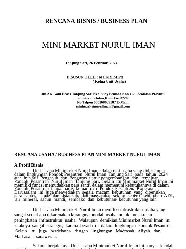 Rencana Bisnis Minimarket Pesantren | PDF