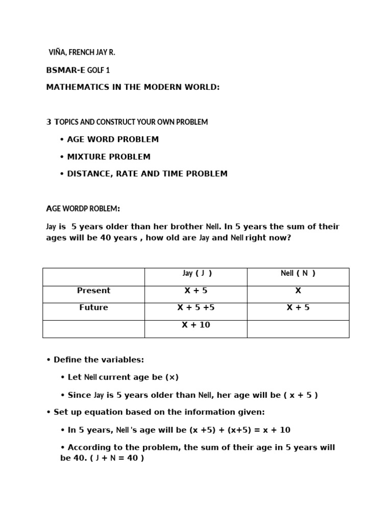 Age Word Problem - Viña | PDF | Concentration | Equations