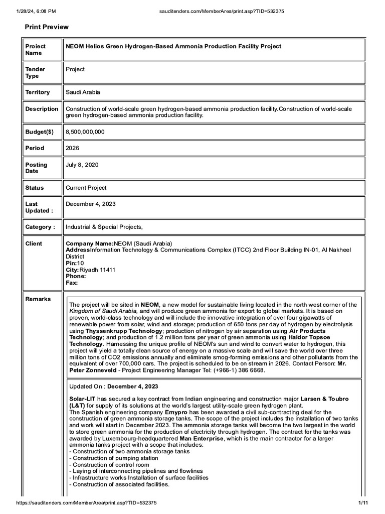 NEOM Helios Green Hydrogen-Based Ammonia Production Facility Project | PDF