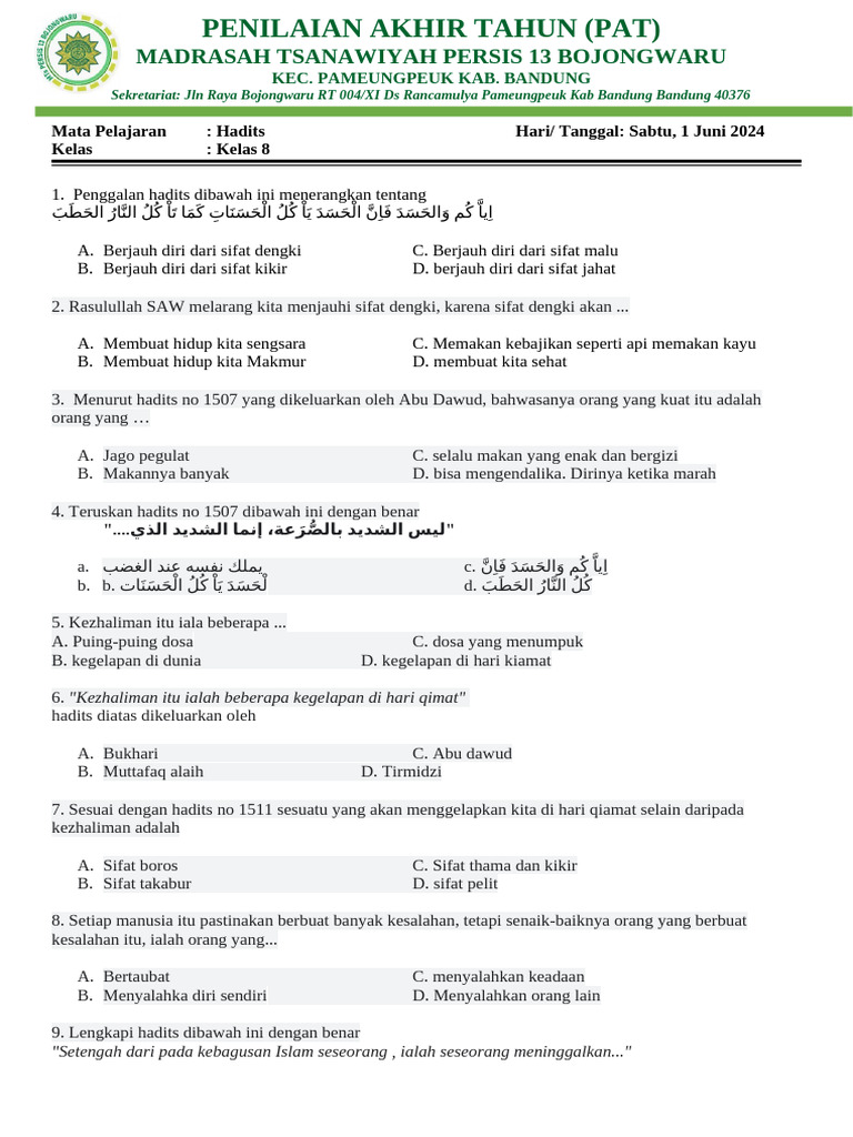Soal Hadits PAT KELAS 8 | PDF