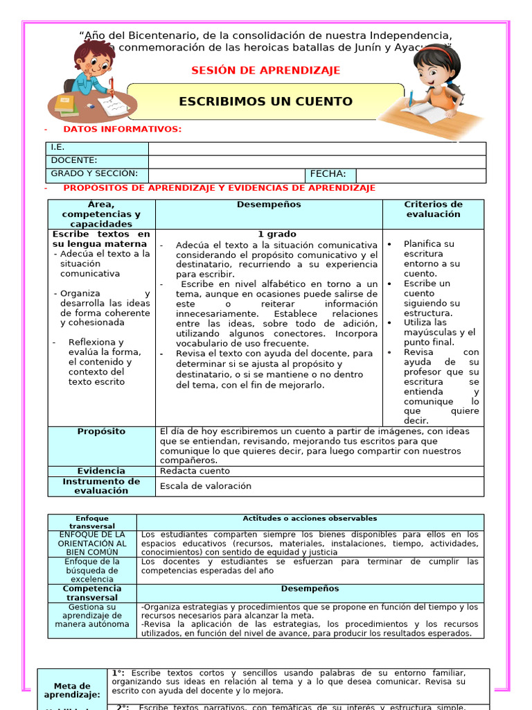 1º U8 S1 Sesion D3 Com Escribimos Un Cuento 998591174 | PDF | Aprendizaje | Evaluación