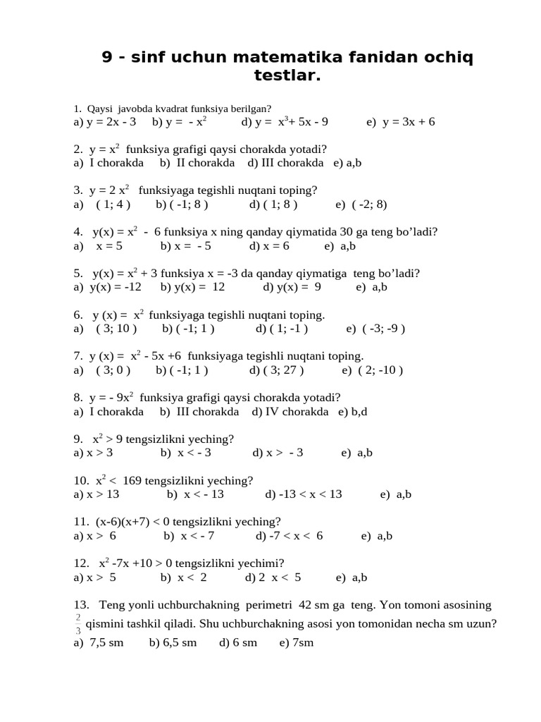 9 - Sinf Uchun Matematika Fanidan Ochiq Testlar.: 1. Qaysi Javobda ...