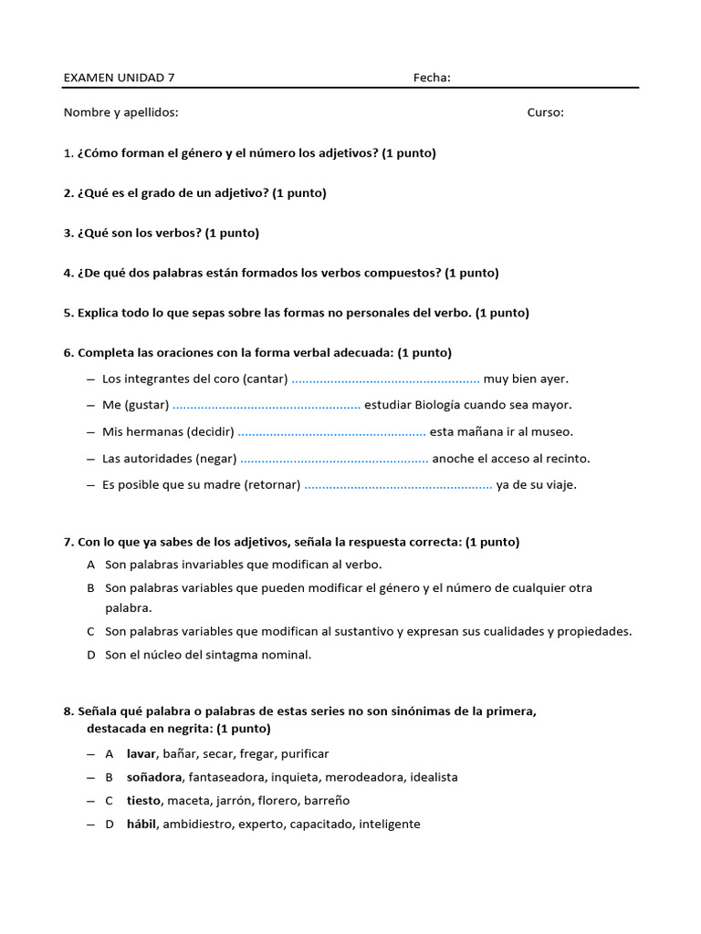 Examen Tema 7 1º Eso | PDF | Adjetivo | Verbo
