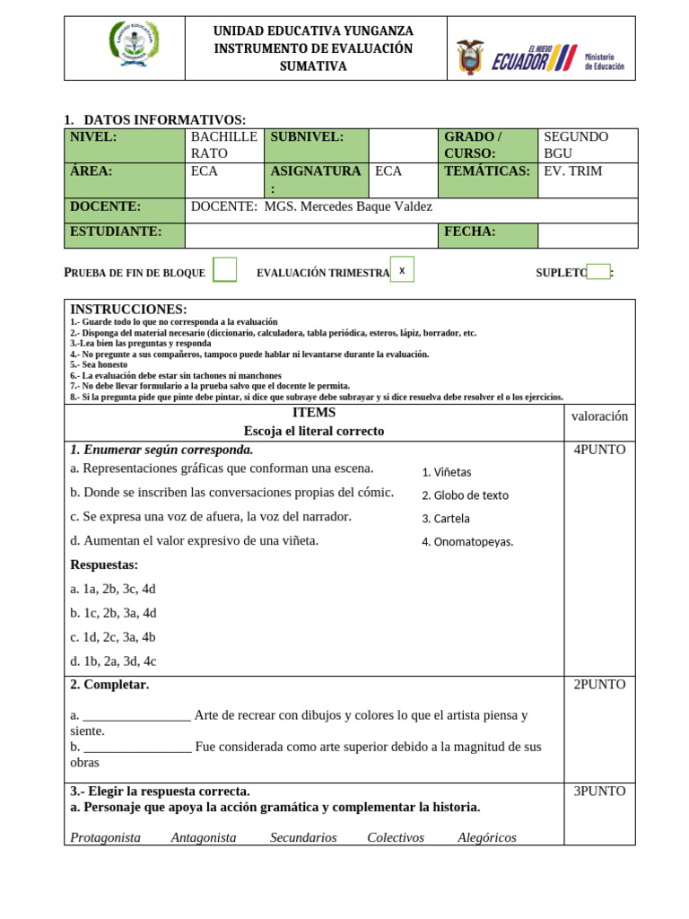 Evaluación Trimestral Segundo BGU ECA y EYG | PDF