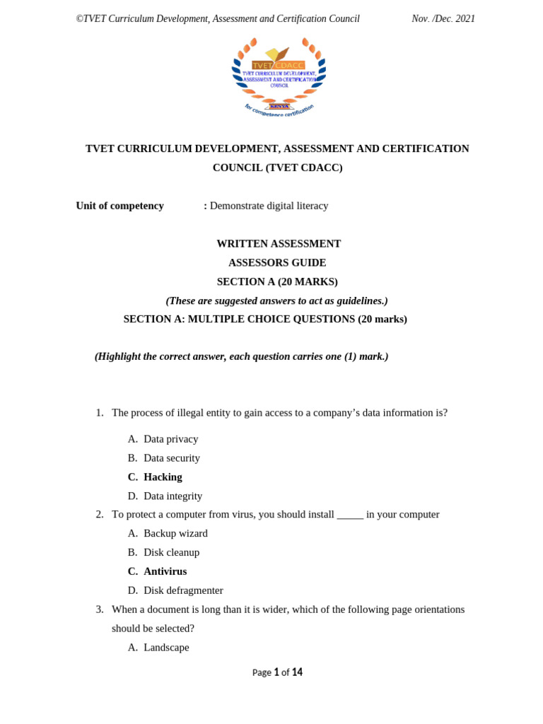 Assessors Guide Written Assessment Digital Literacy Level 5 | PDF ...
