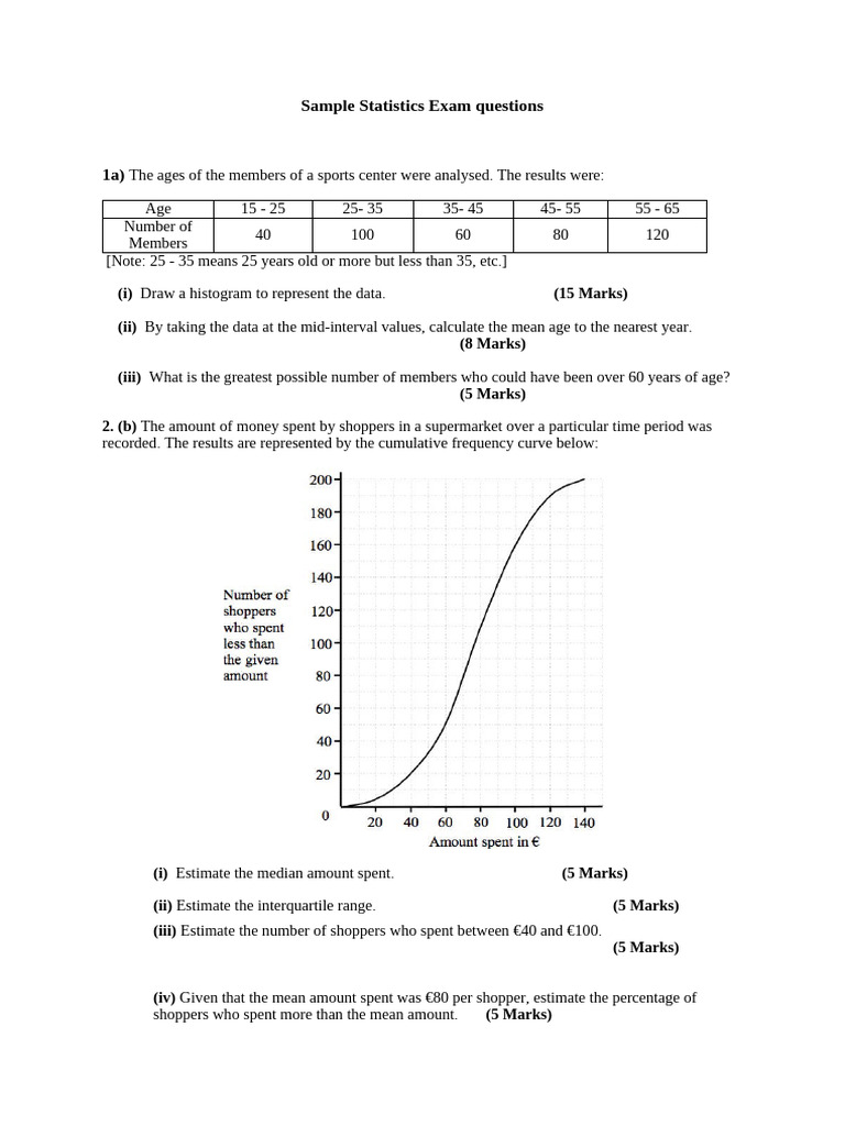 Sample Statistics Exam questions Worksheet 2 | PDF | Histogram | Statistics