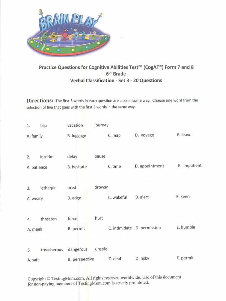 Verbal Classification 6th Grade | PDF
