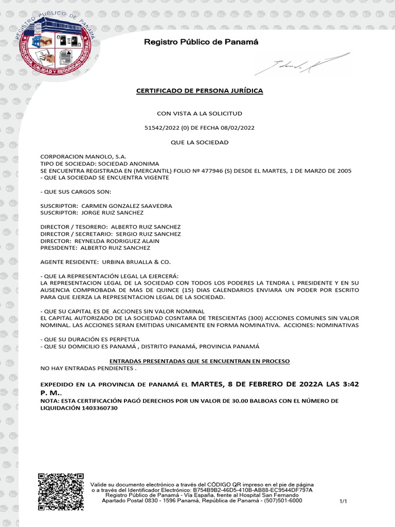 Registro Público - Corporación Manolo, S.A. | PDF | Finanzas y dinero | Derecho
