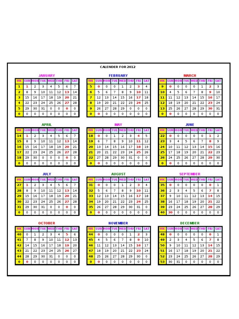 2012 Yearly Calendar Overview | PDF