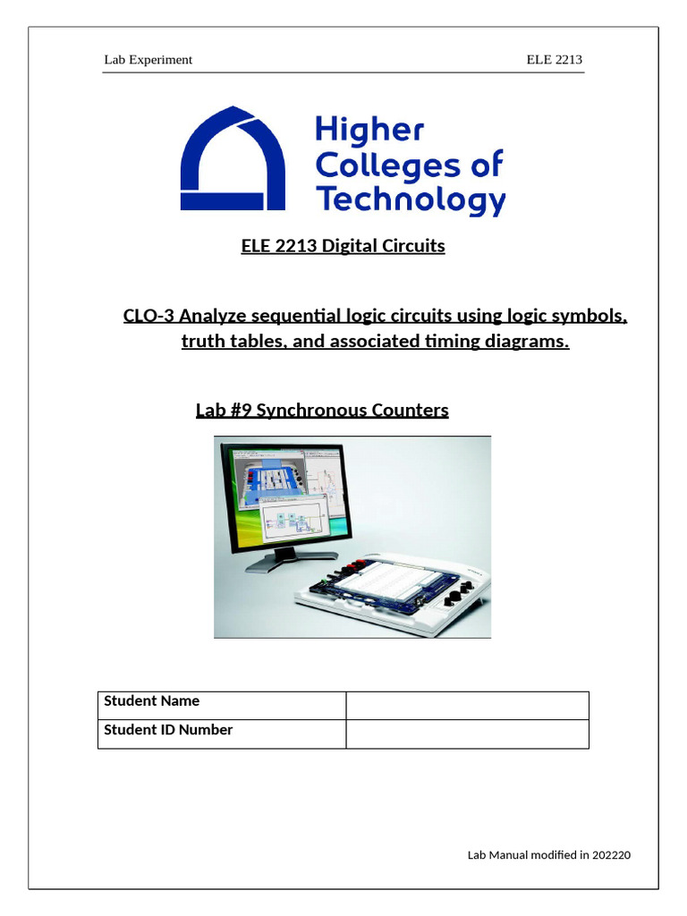 ELE 2213 Digital Circuits - Lab 9 - Synchronous Counters - Version 202230 | PDF | Electronic ...