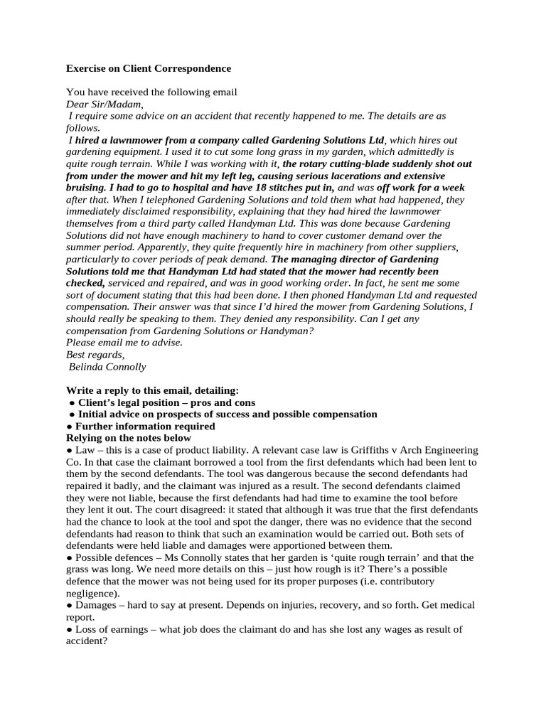 Exercise On Client Correspondence | PDF | Damages | Lawn Mower