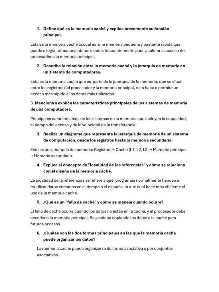 Define Qué Es La Memoria Caché y Explica Brevemente Su Función ...