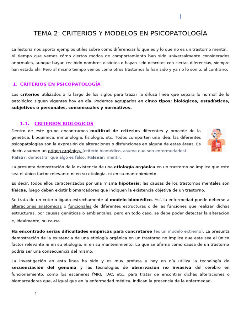 Tema 2 Criterios y Modelos en Psicopatología | PDF | Trastorno mental | Mente