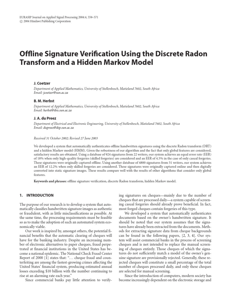 Offline Signature Verification Using The Discrete Radon Transform and A Hidden Markov Model ...