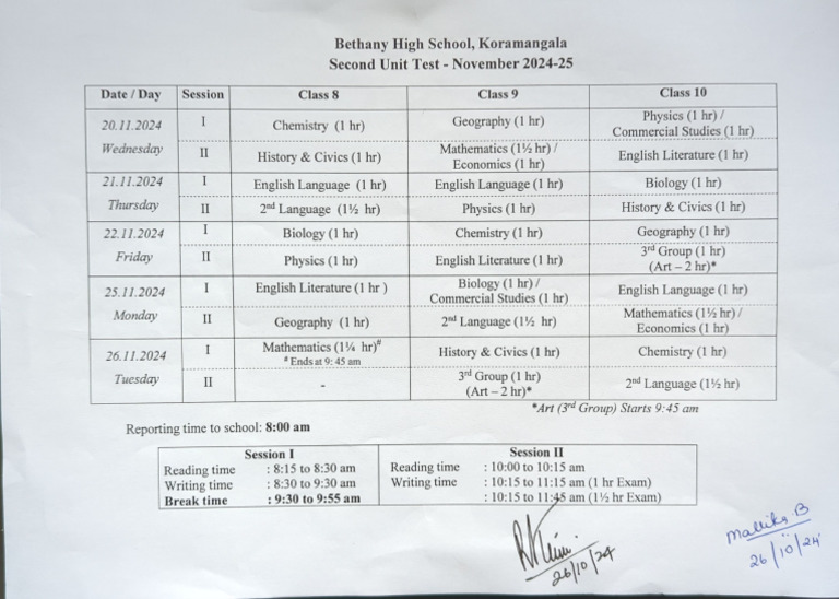 2 Unit Test 2024 High School Timetable 1730786596 | PDF