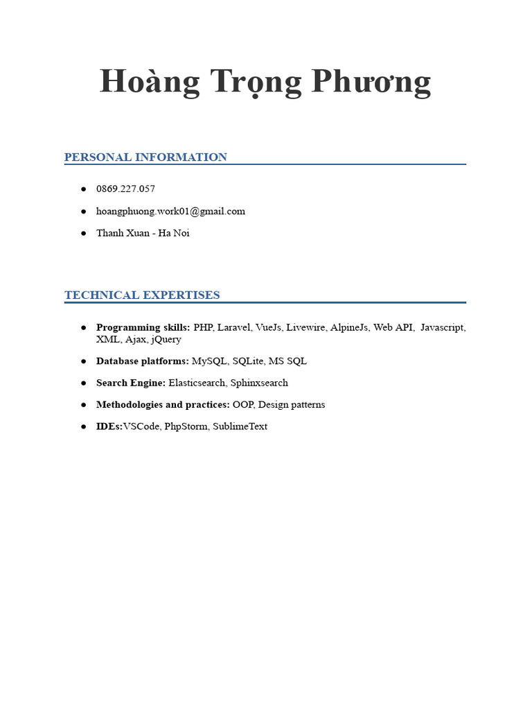 Hoang Trong Phuong - CV-Laravel | PDF | My Sql | Php