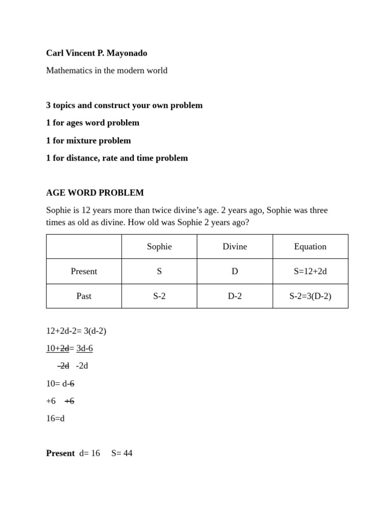 Solving: Age Word Problem, Mixture Problem, Distance Rate and Time Problem | PDF | Applied ...