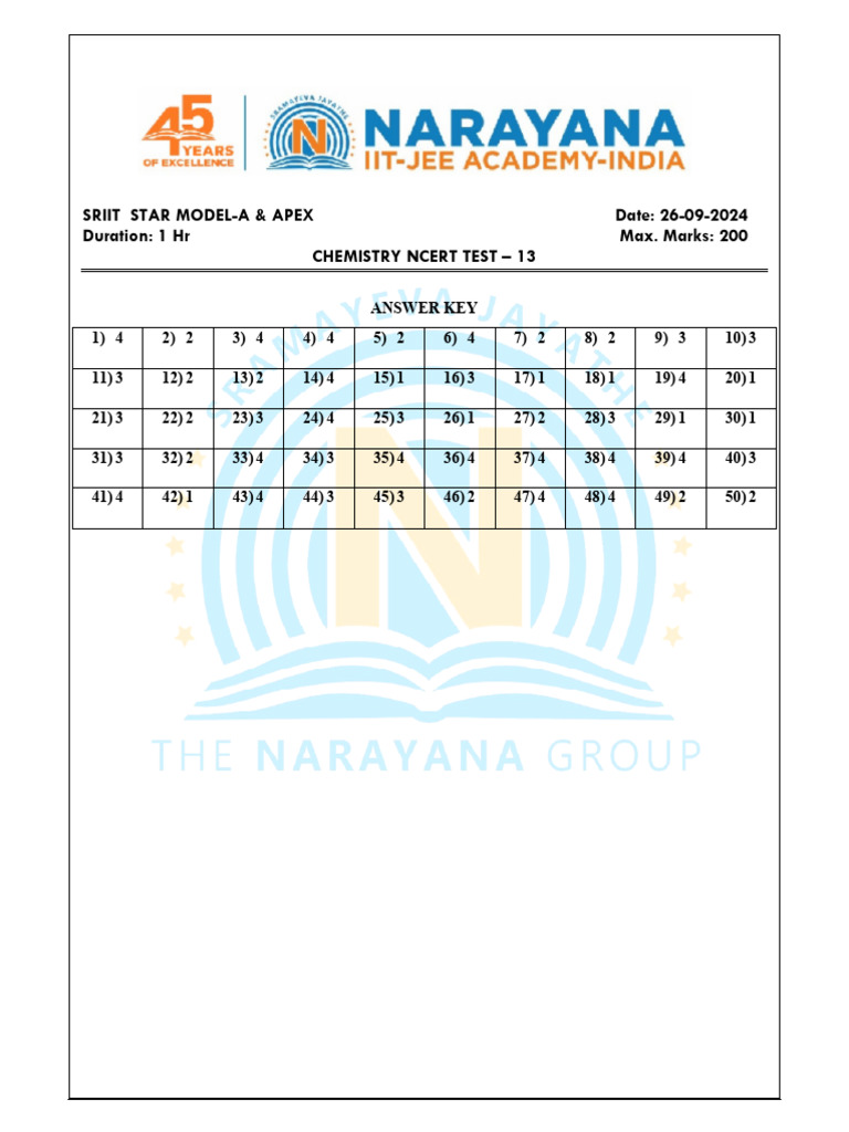 26-09-2024 SR Iit Star Model A&apex Chemistry Ncert Test-13 Key | PDF