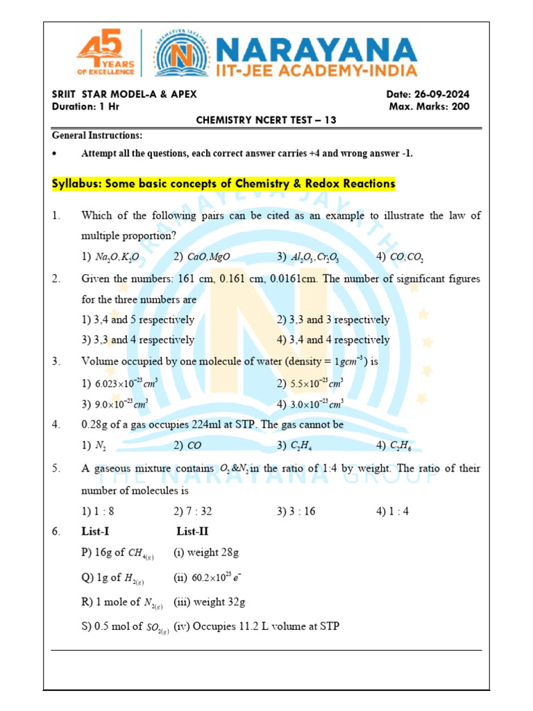 26-09-2024 SR Iit Star Model A&apex Chemistry Ncert Test-13 QP | PDF ...