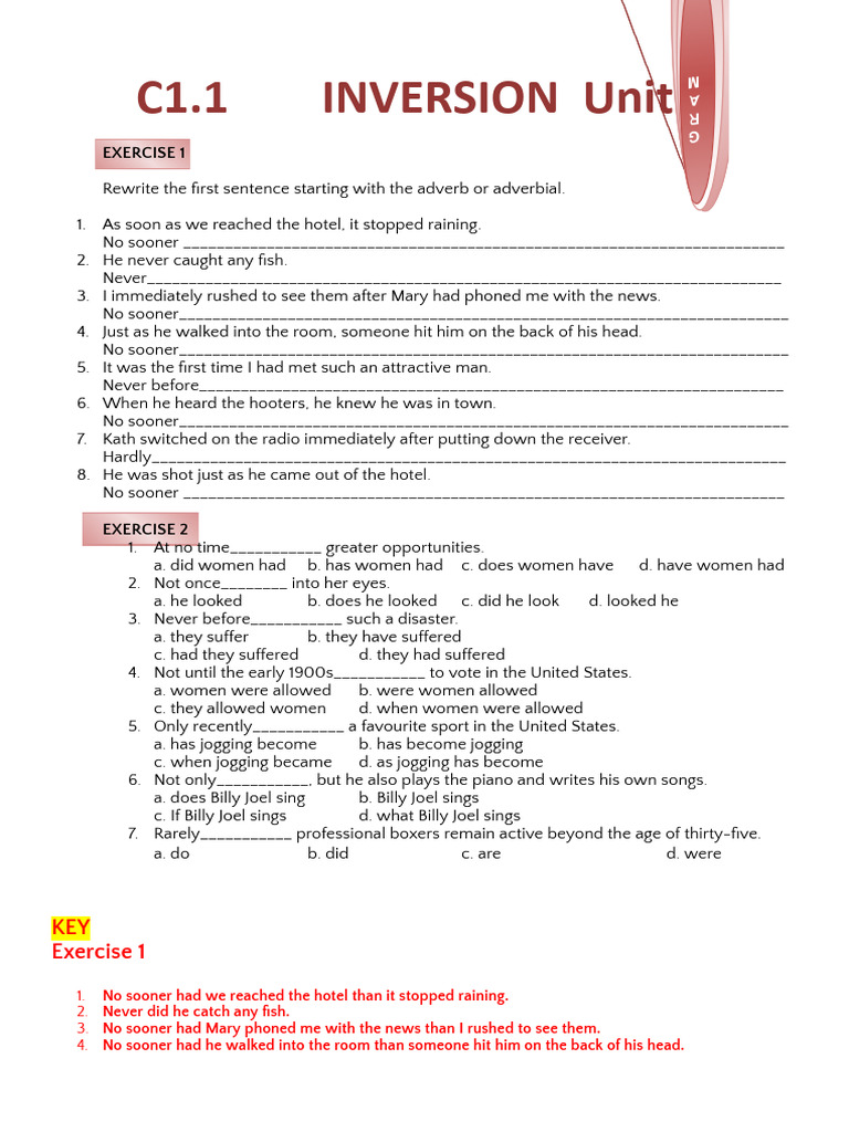 C1.Inversion Exercises2 | PDF | Language Mechanics | Grammar
