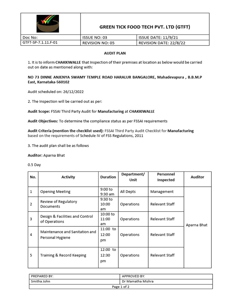 Chakkiwalle FSSAI Audit Plan | PDF | Audit