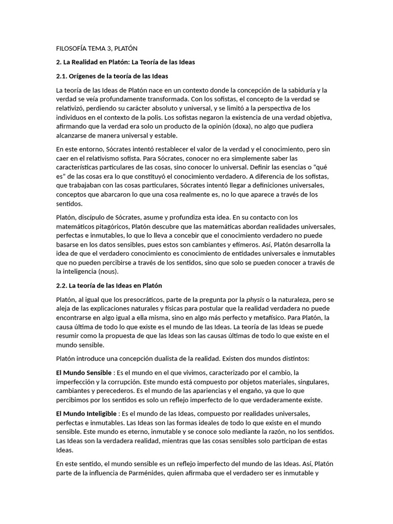 Filosofía Tema 3 Platon | PDF | Platón | Conocimiento