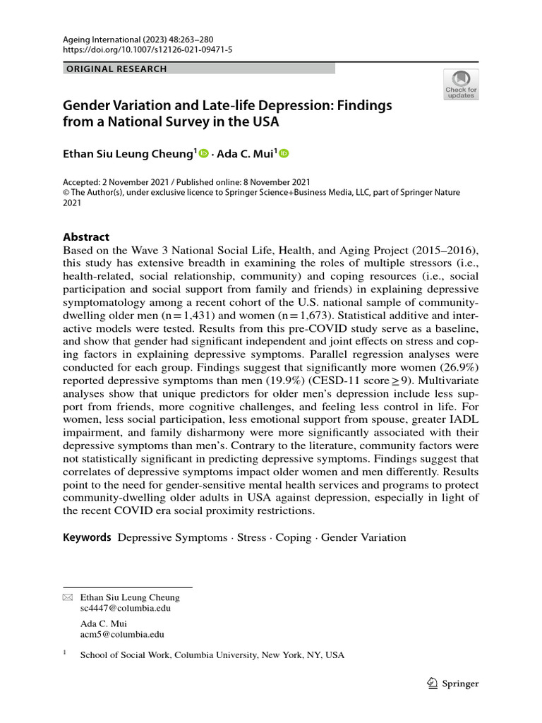 Gender Differences in Late-Life Depression | PDF | Stress (Biology ...