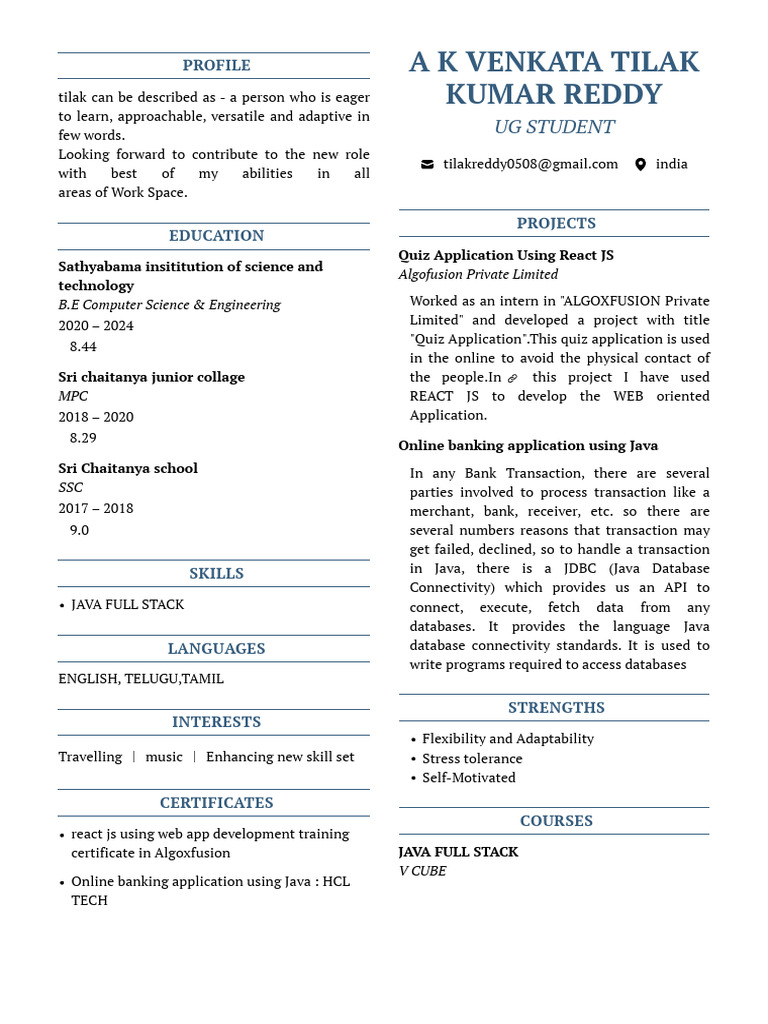 A k Venkata Tilak Kumar Reddy Flowcv Resume 20240827 (1) | PDF | Databases | Java (Programming ...