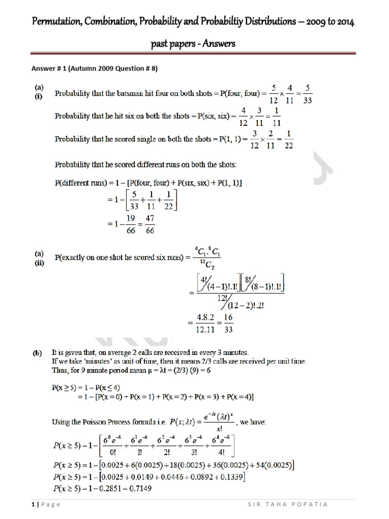 Permutation, Combination, Probability and Probabiltiy Distributions - Answers | PDF ...
