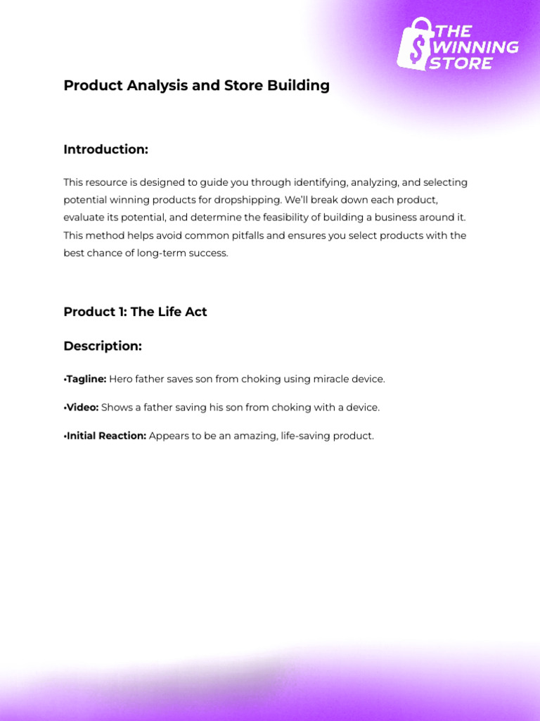 Product Analysis and Store Building: - Tagline: - Video: - Initial ...