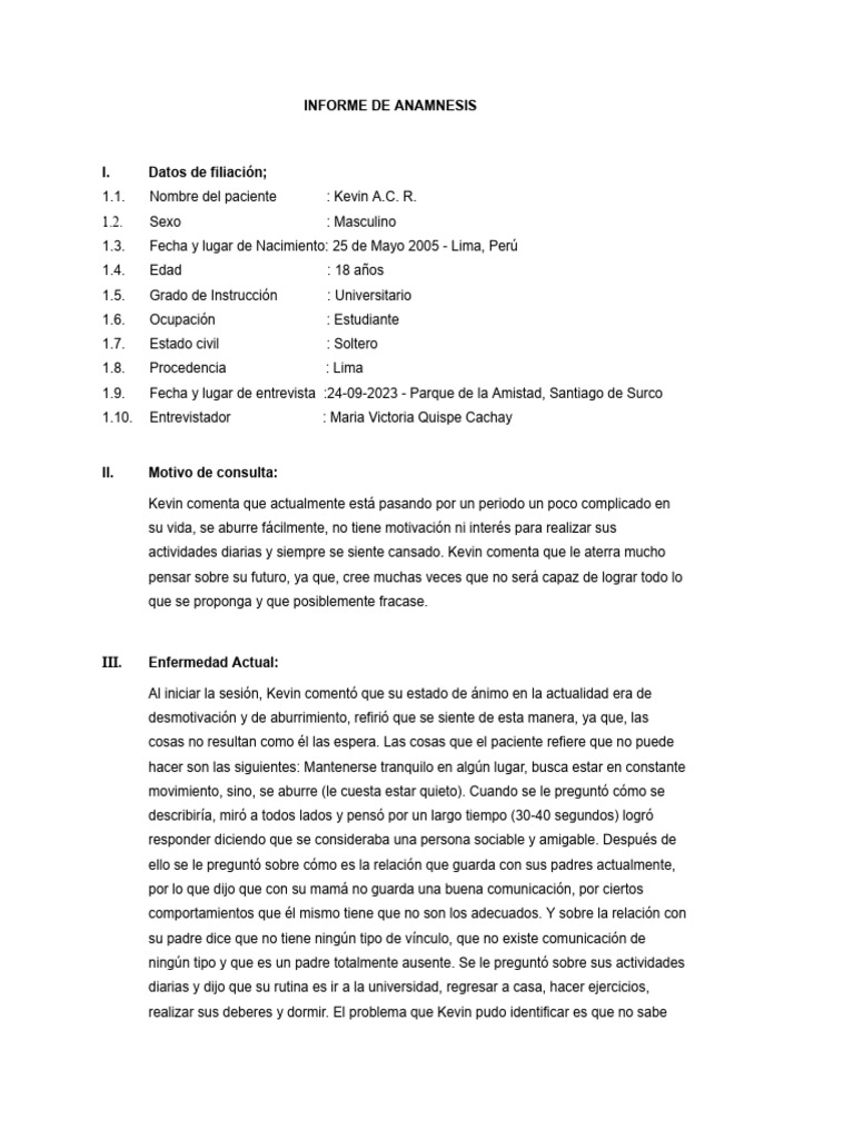 Informe de Anamnesis - Quispe Cachay Maria Victoria | PDF