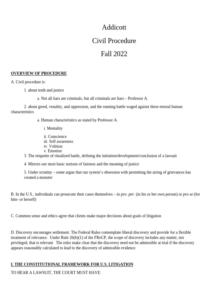 Addicott Civil Procedure Fall 2022 | PDF | Discovery (Law) | Diversity ...