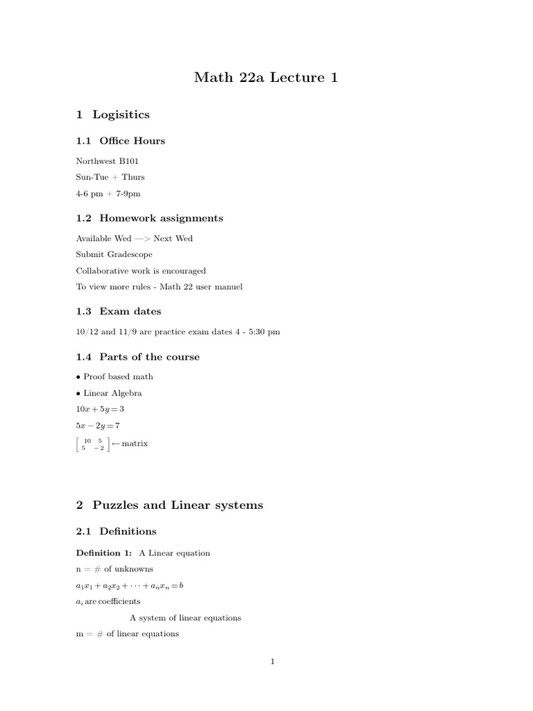 Linear Algebra Harvard Notes Lecture 1 | PDF | System Of Linear ...