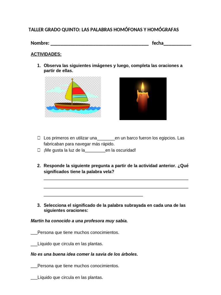 Taller de Palabras Homófonas y Homógrafas | PDF