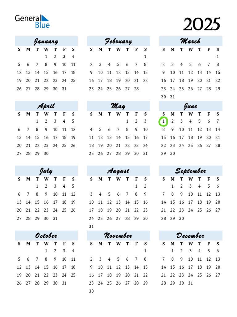 2025 Calendar Blue Italicized Portrait Sunday Start | PDF