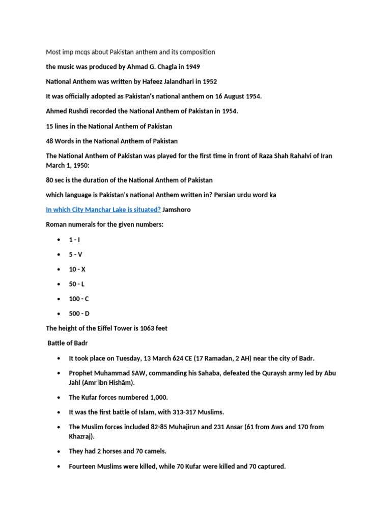 Most Imp Mcqs About Pakistan Anthem | PDF Most Imp Mcqs About Pakistan Anthem | PDF