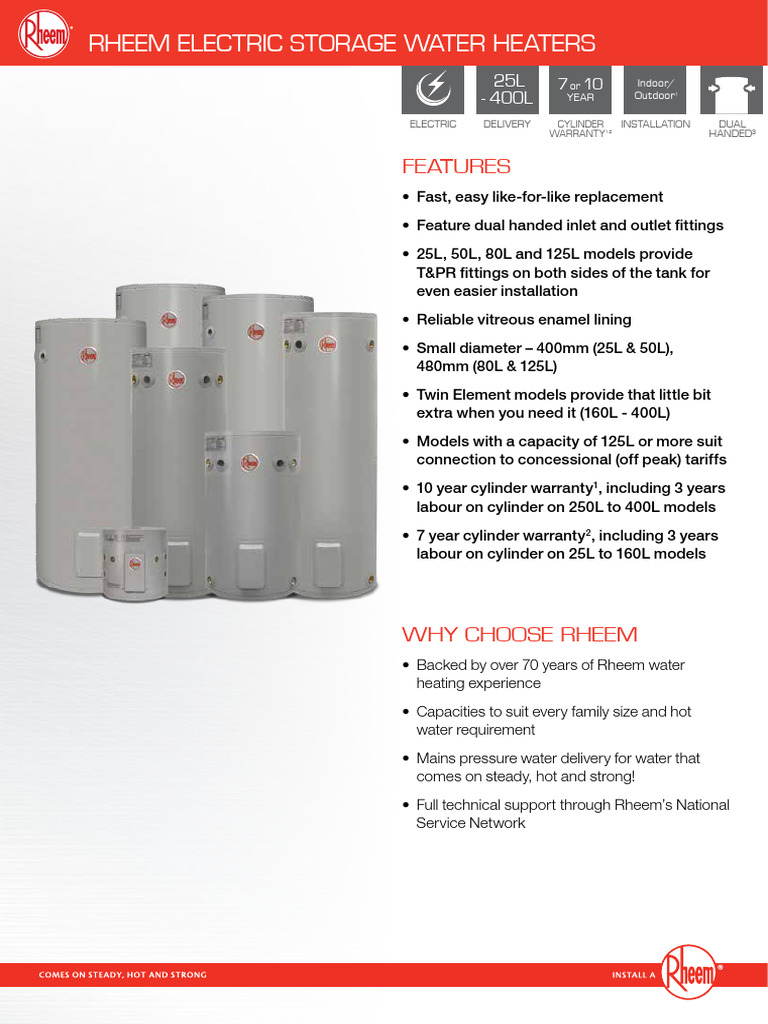 Rheem Specifications Sheet | PDF | Water Heating | Manufactured Goods