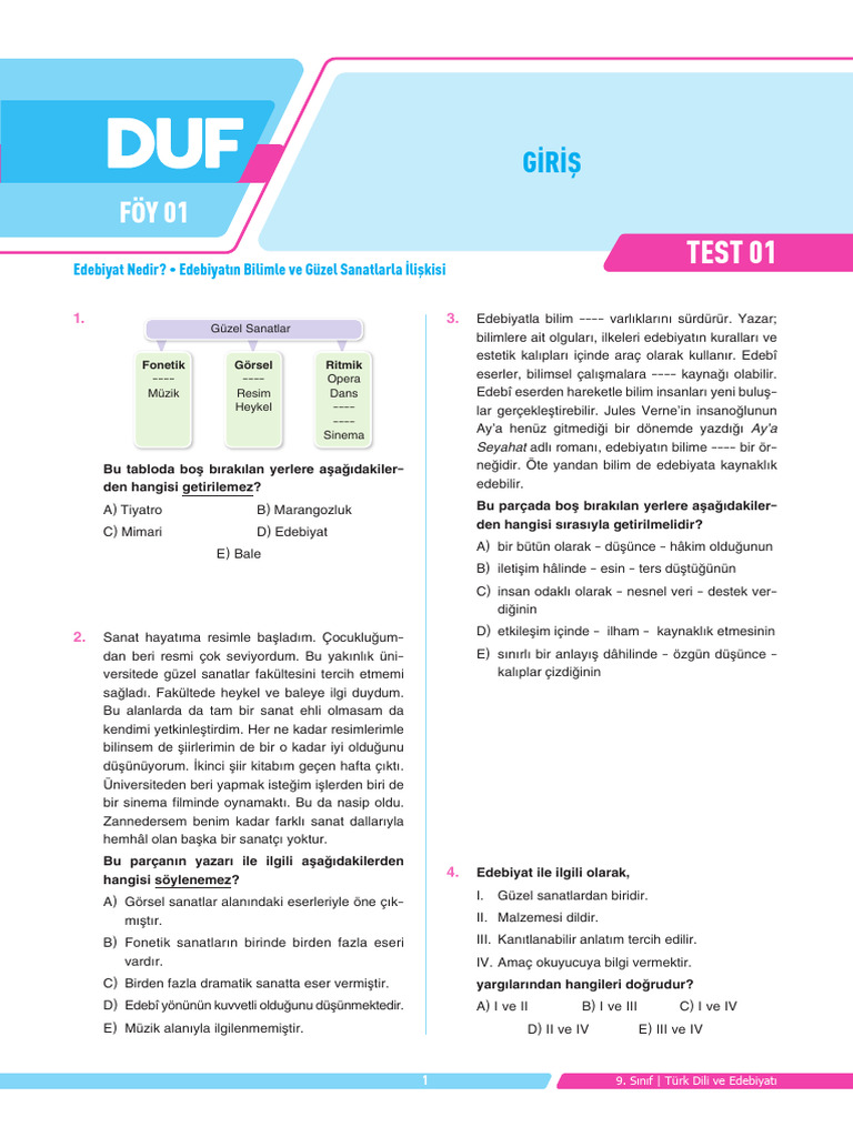 9.sınıf Edebiyat - DUF - FÖY 1 - Ornek | PDF