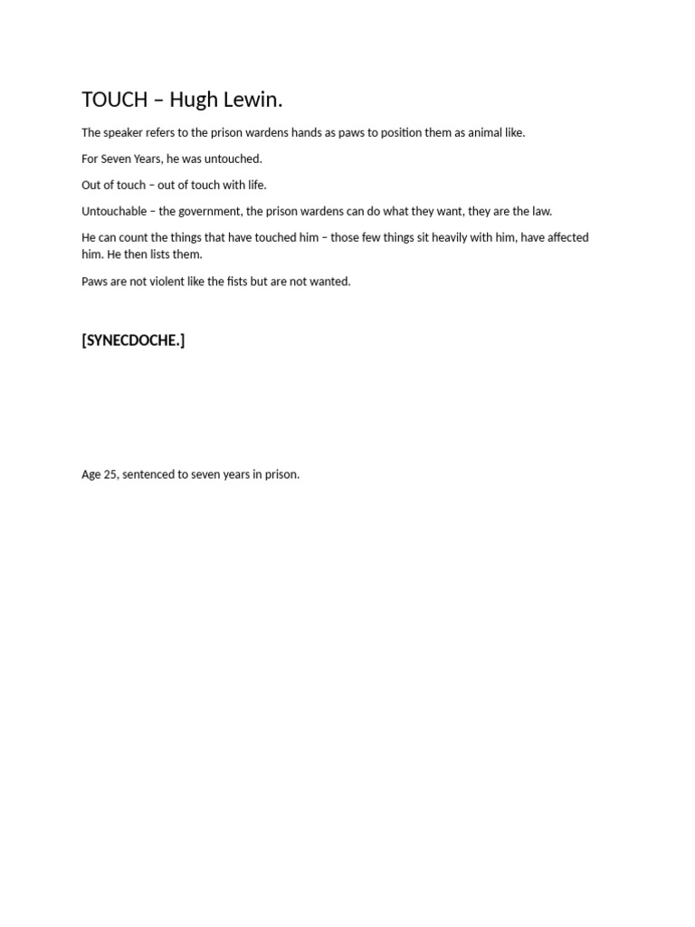 Analysis of "Touch" by Hugh Lewin | PDF | Politics | Mystery, Thriller ...